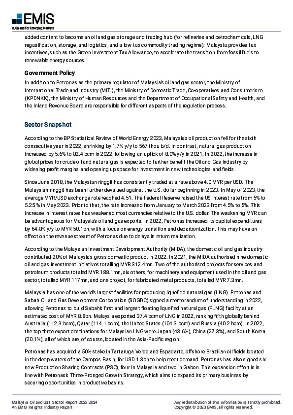 Malaysia Oil and Gas Sector Report 2023-2024 Industry Report | EMIS ...