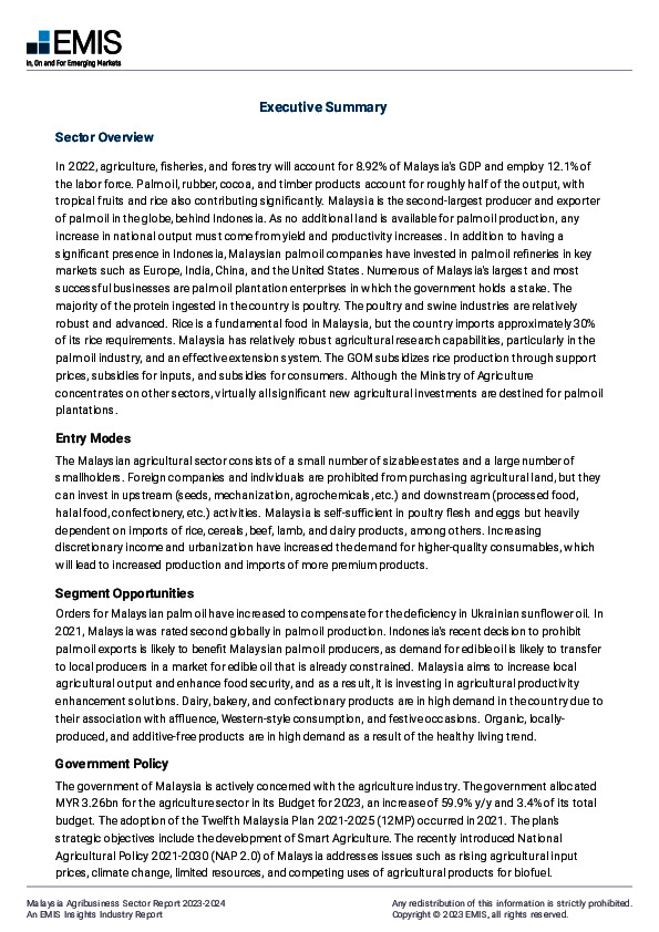 Malaysia Agribusiness Sector Report 2023-2024 Industry Report | EMIS Insights