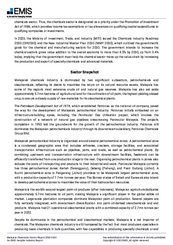 Malaysia Chemicals Sector Report 2024-2025 Industry Report | EMIS Insights